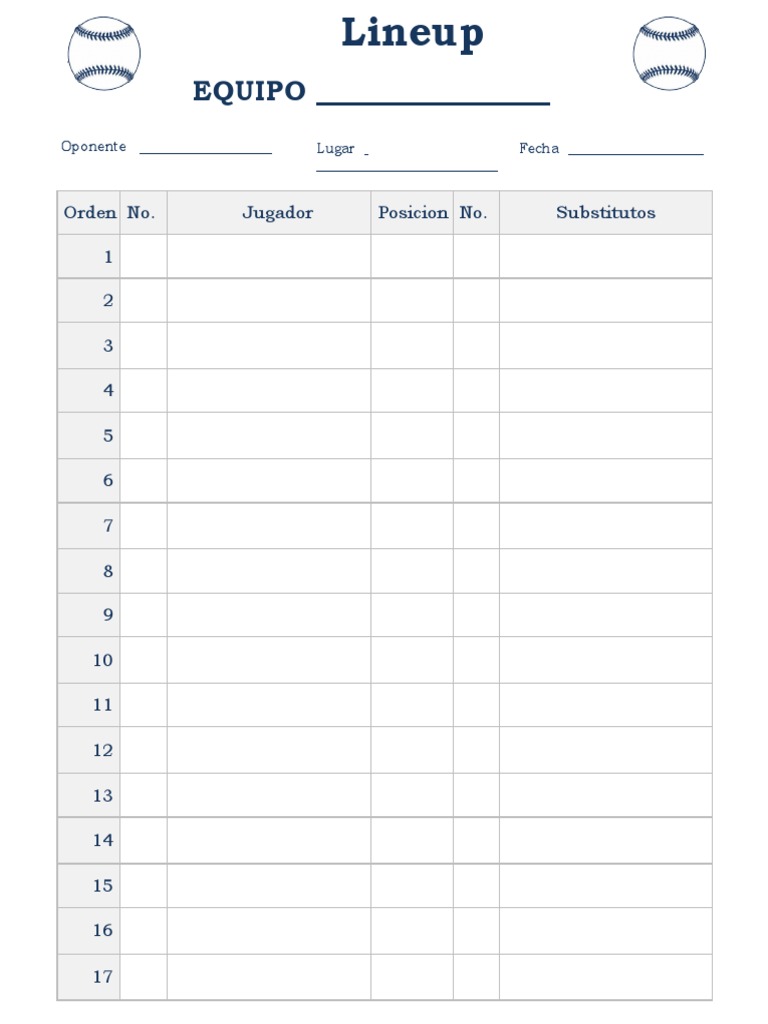 Printable Baseball Lineup Card Template in PDF | PDF