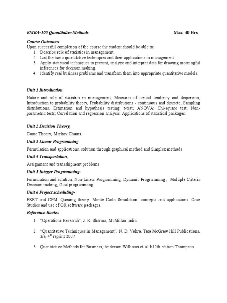 EMBA-105 Quantitative Methods Course Outcomes: Max: 40 Hrs | PDF