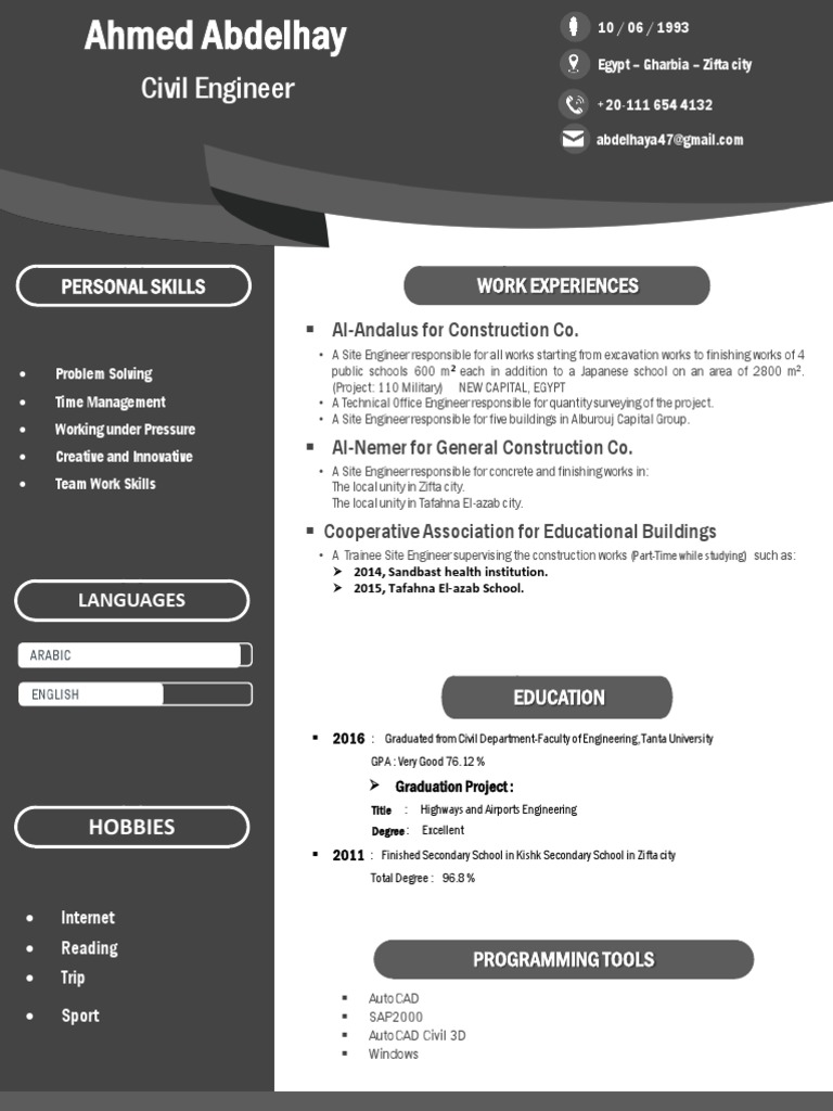Civil Engineer: Work Experiences Personal Skills | PDF | Learning ...