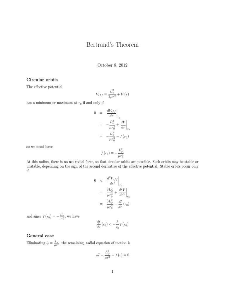 Bertrand's Theorem: October 8, 2012 | PDF | Equations | Classical Mechanics
