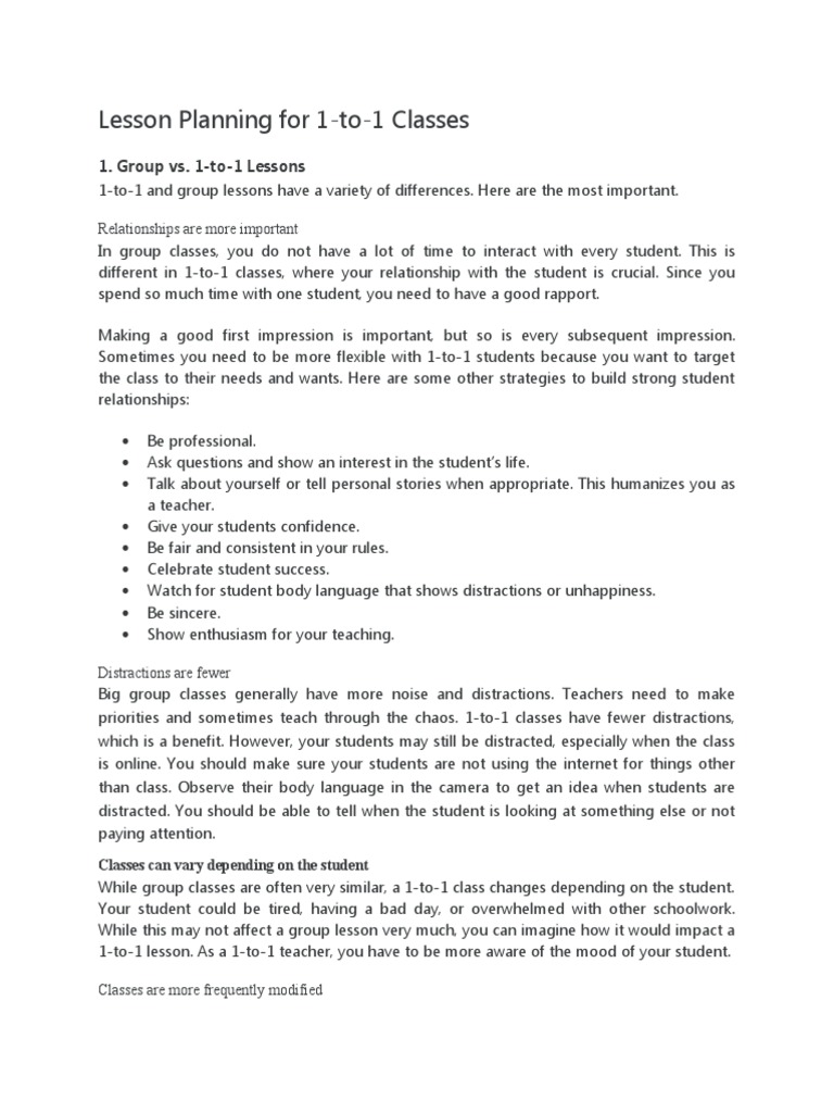 Lesson Planning For 1-To-1 Classes | PDF | Fluency | Teachers