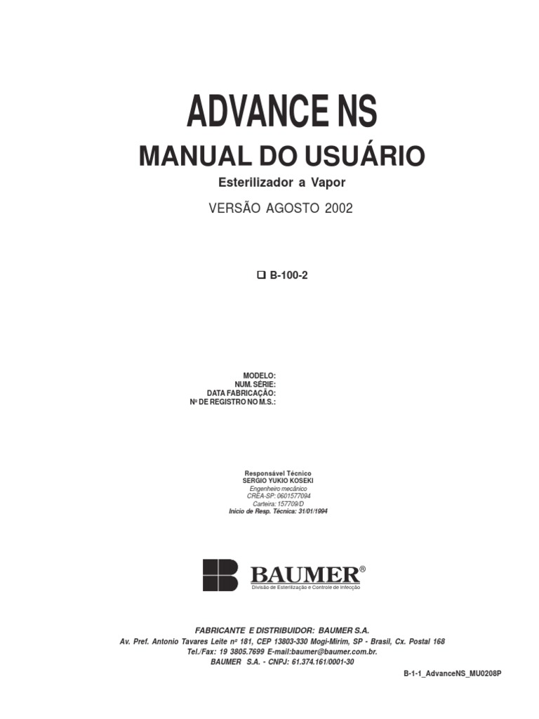 MANUAL BAUMER AdvanceNS B-100-2 PDF | PDF | Esterilização ... MANUAL BAUMER AdvanceNS B-100-2 PDF | PDF | Esterilização ...