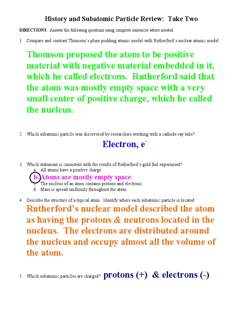 History and Subatomic Particle Review Take Two KEY | PDF | Atoms ...