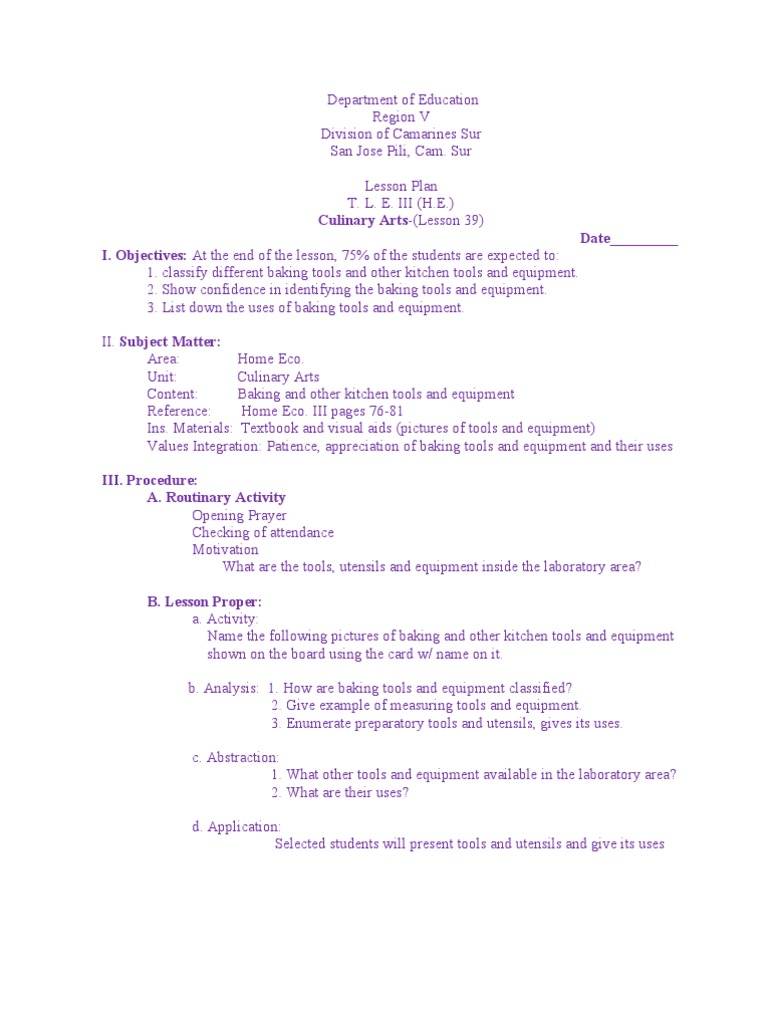 Lesson Plan Culinary Arts | PDF | Shortening | Sugar