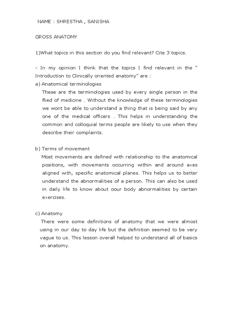 GROSS ANATOMY Assignment 1 | PDF