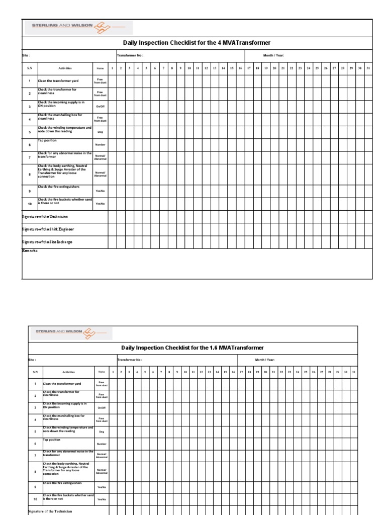 Daily Transformer Inspection Checklist | PDF | Transformer | Nature