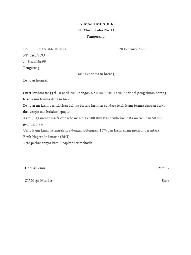 Contoh Surat Penerimaan Barang | PDF