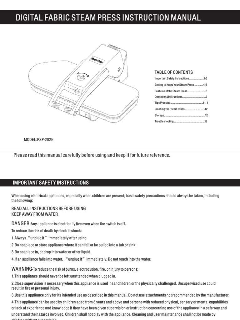Digital Fabric Steam Press Instruction Manual | Download Free PDF | Seam (Sewing) | Steam