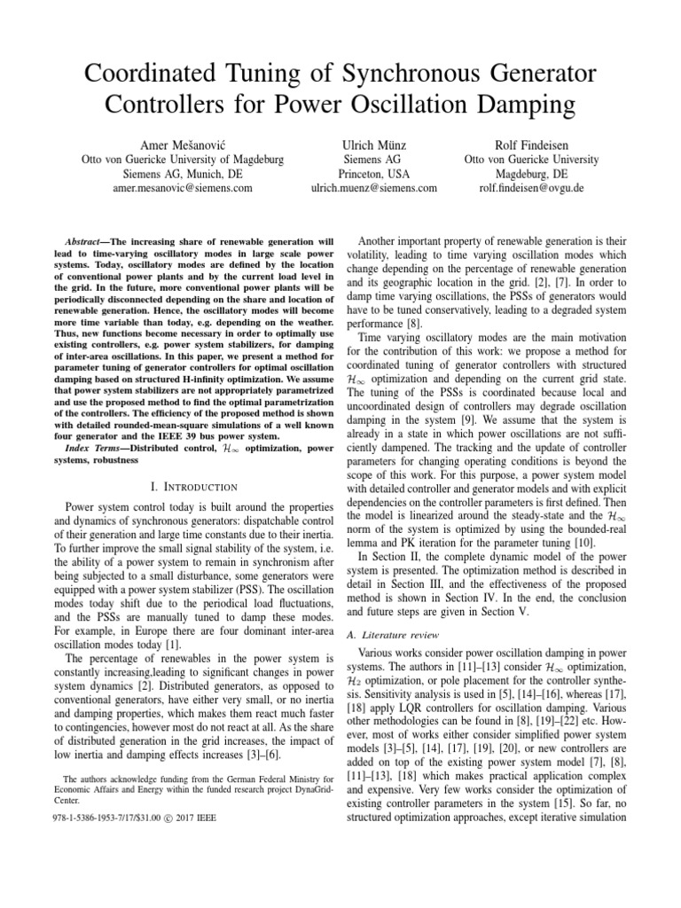 Coordinated Tuning of Synchronous Generator Controllers For Power ...