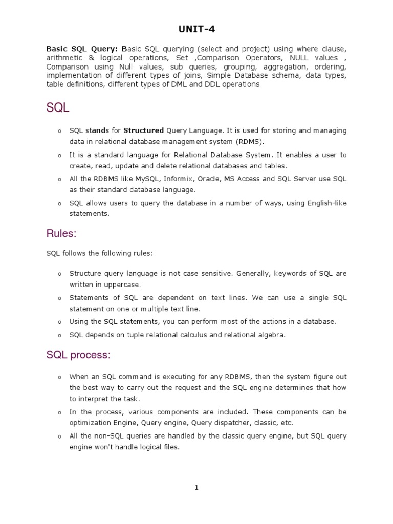 DBMS Unit 4 Notes PDF | PDF | Relational Database | Sql