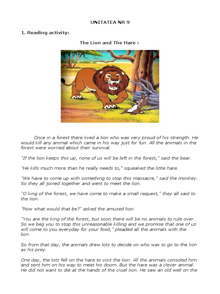 Unitatea NR 9 1. Reading Activity: The Lion and The Hare | PDF | Lion