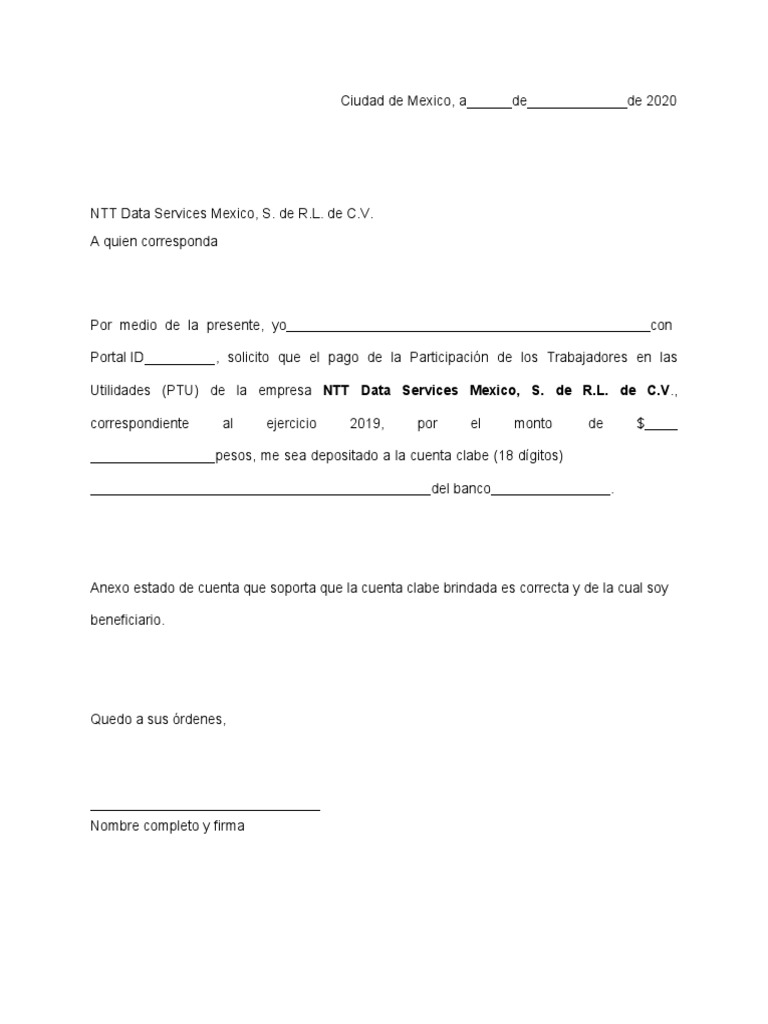 Carta De Solicitud De Pago Ptu 2019 Pdf