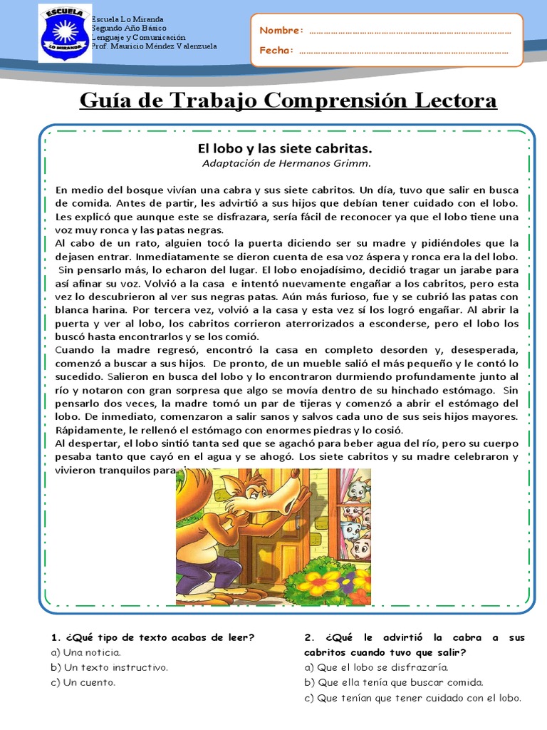 Guía 17. Comprensión Lectora - El Lobo y Los Siete Cabritos | PDF