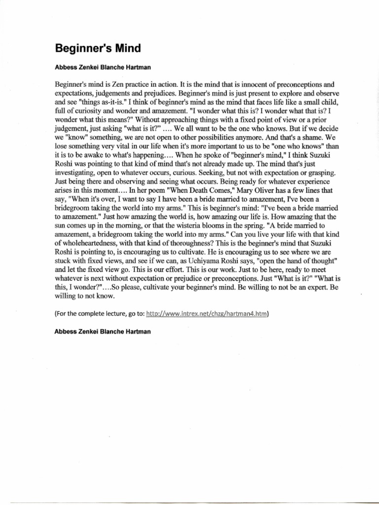 Beginner's Mind: Abbess Zenkei Blanche Hartman | PDF | Mind | Intuition