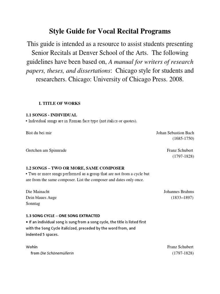 Style Guide For Vocal Recital Programs: Papers, Theses, and ...