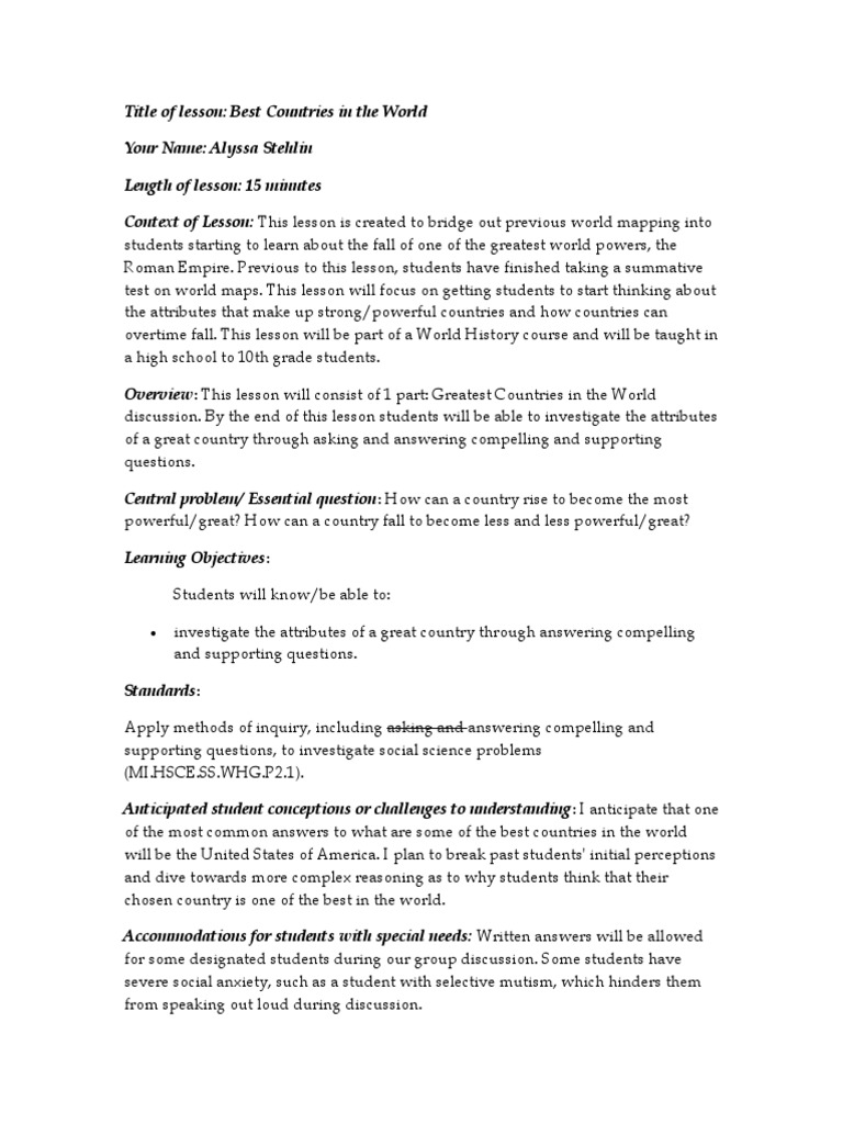 HLTP 5 Best Countries in The World Lesson Plan | PDF | Education Theory ...