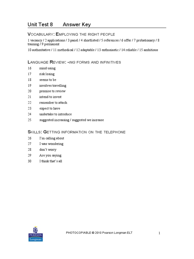 Unit Test 8 Answer Key | PDF