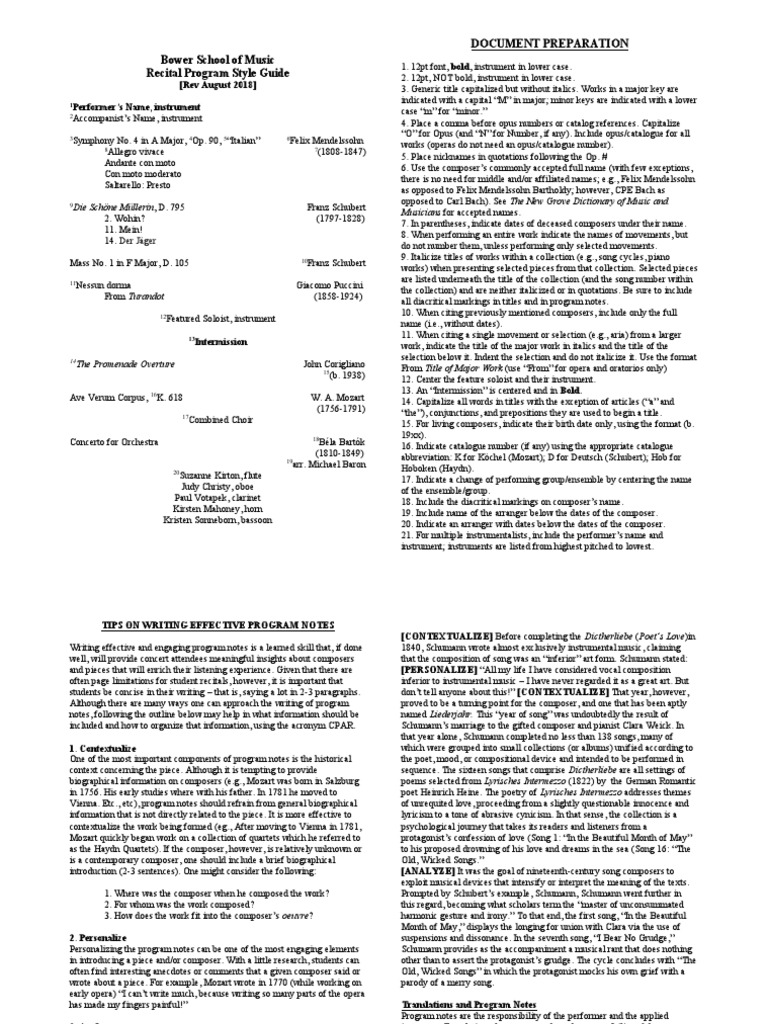 Bower School of Music Recital Program Style Guide Document Preparation ...
