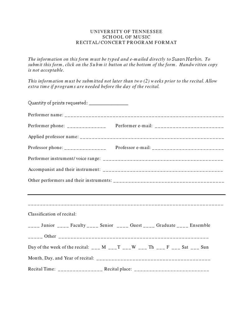 University of Tennessee School of Music Recital/Concert Program Format ...