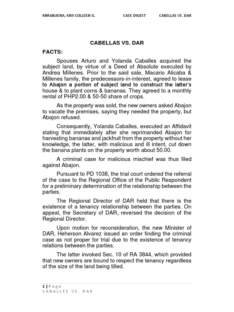 Cabellas VS Dar - Case Digest - Mirabuena, Kim Colleen G PDF | PDF ...