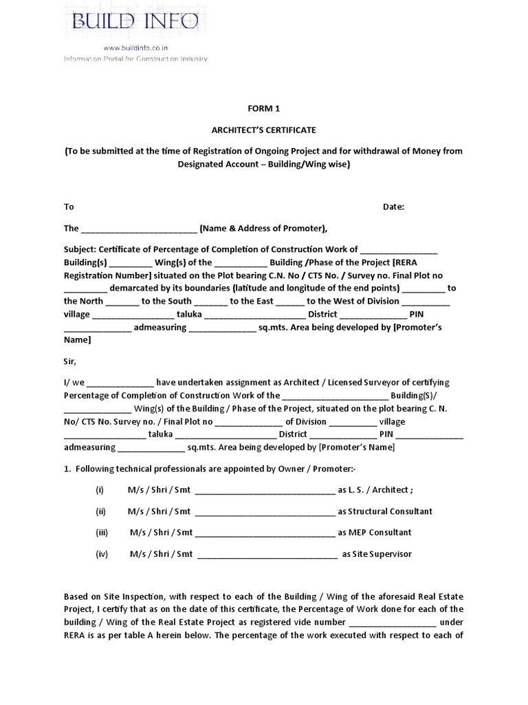 MAHA RERA FORM 1 Architect Certificate | PDF | Apartment | Elevator