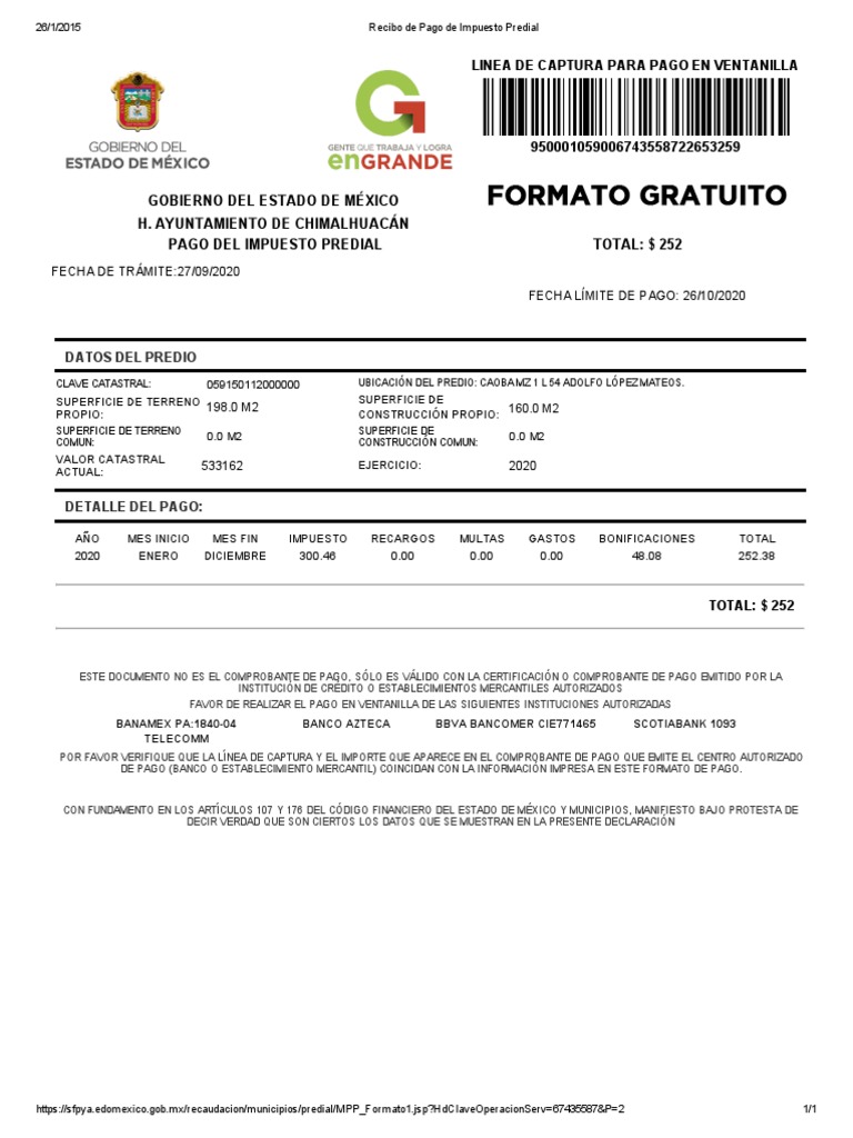 Recibo de Pago de Impuesto Predial 1 | PDF | Economias | Gobierno