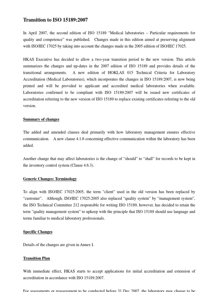 Transition To ISO 15189-2007 | PDF | Quality Management System | Quality Management