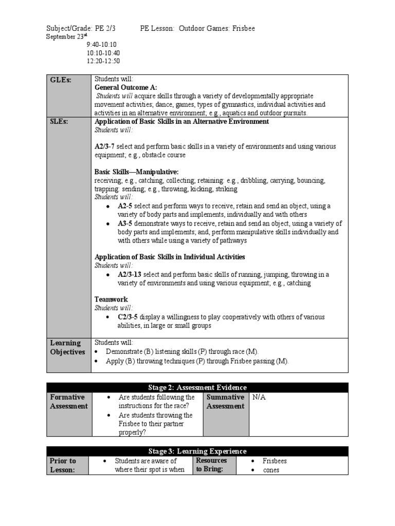 Gles:: Subject/Grade: Pe 2/3 Pe Lesson: Outdoor Games: Frisbee ...