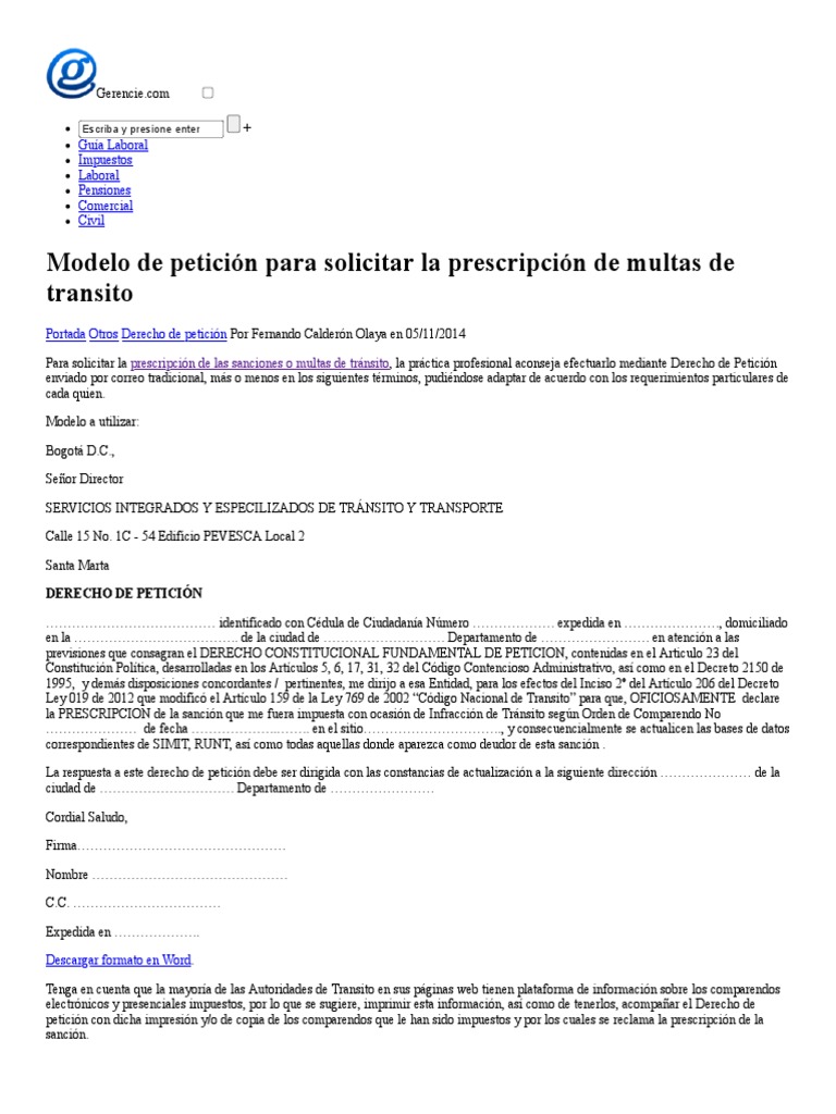 Modelo de Petición para Solicitar La Prescripción de Multas de Transito ...