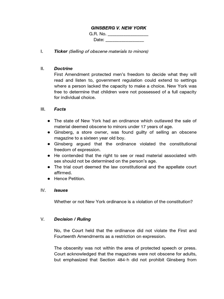Ginsberg V. New York | PDF