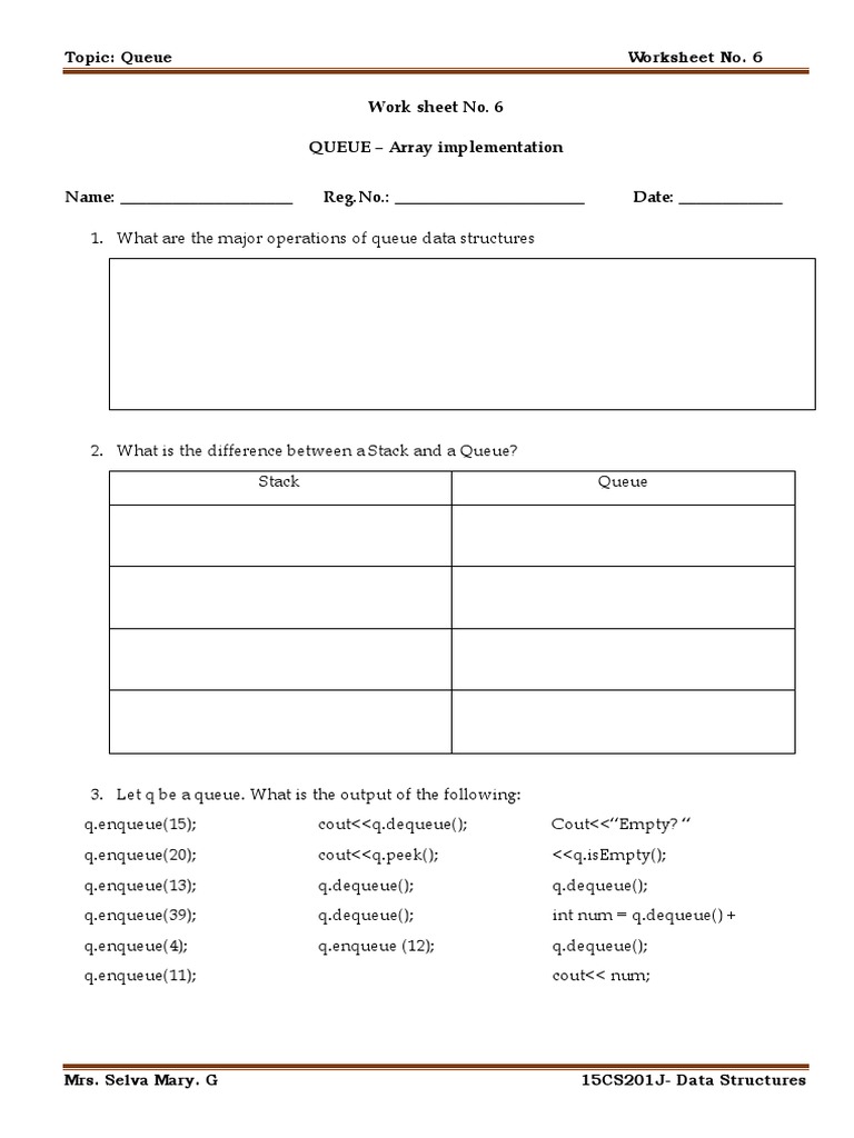 Queue WORKSHEETS | PDF | Queue (Abstract Data Type) | Algorithms And Data Structures