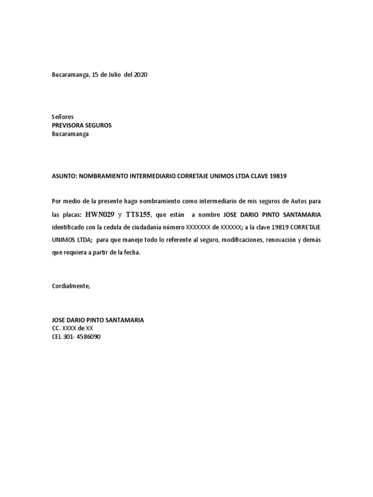 Carta Cambio de Intermediario Dario Pinto | PDF