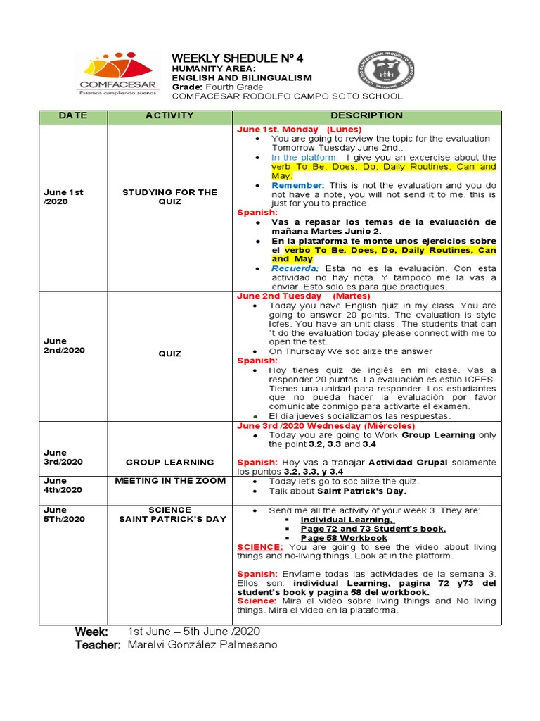 Weekly Shedule #4: Date Activity Description | PDF