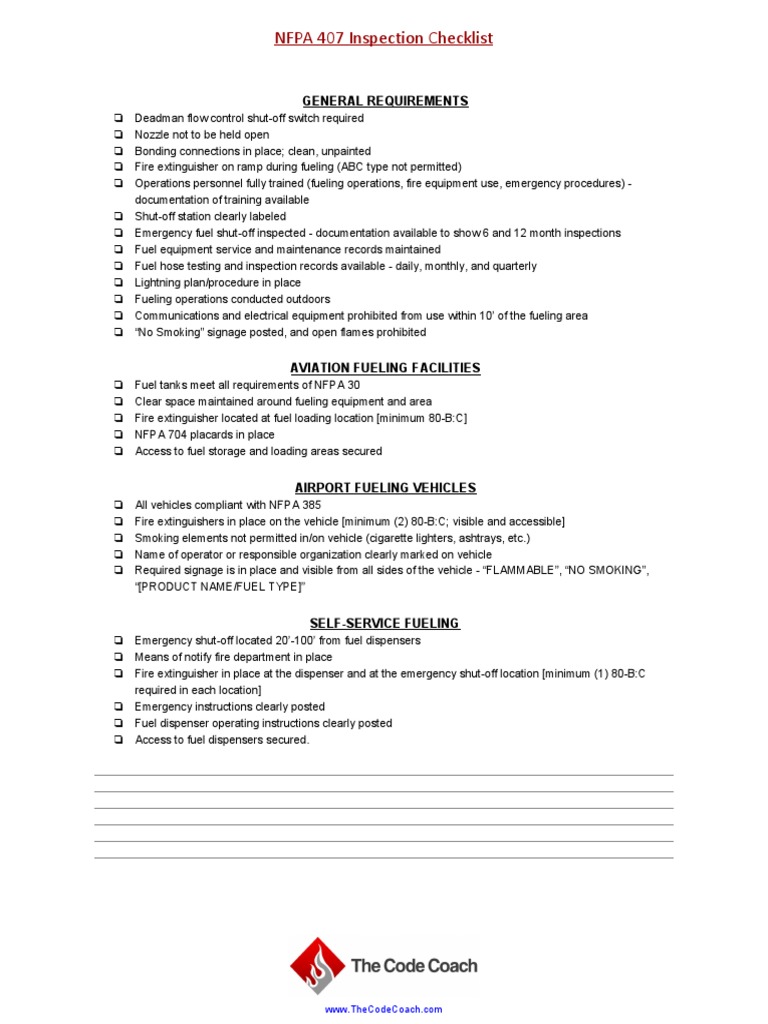 NFPA 407 Inspection Checklist: General Requirements | PDF