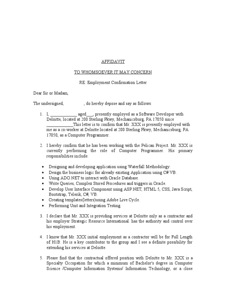 Affidavit by A Co-Worker For H-1B - Sample 1 | PDF | Affidavit | Programmer
