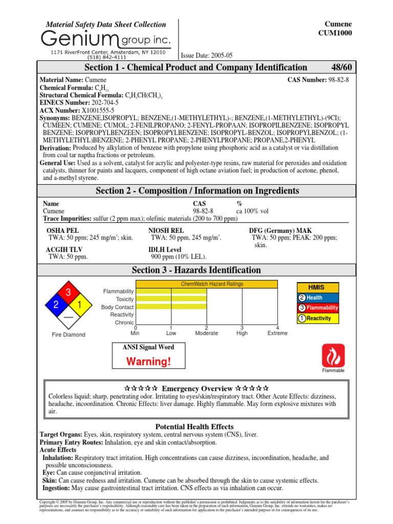 Cumene MSDS | PDF | Benzene | Chemical Substances