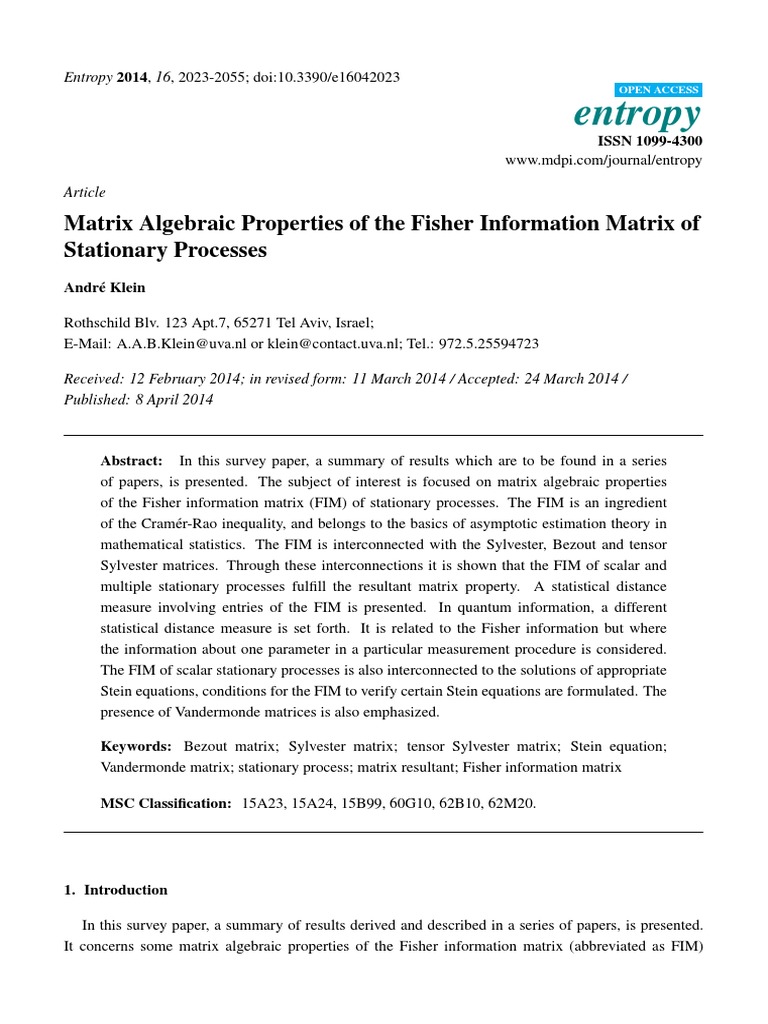 Matrix Algebraic Properties of The Fisher Information Matrix of ...