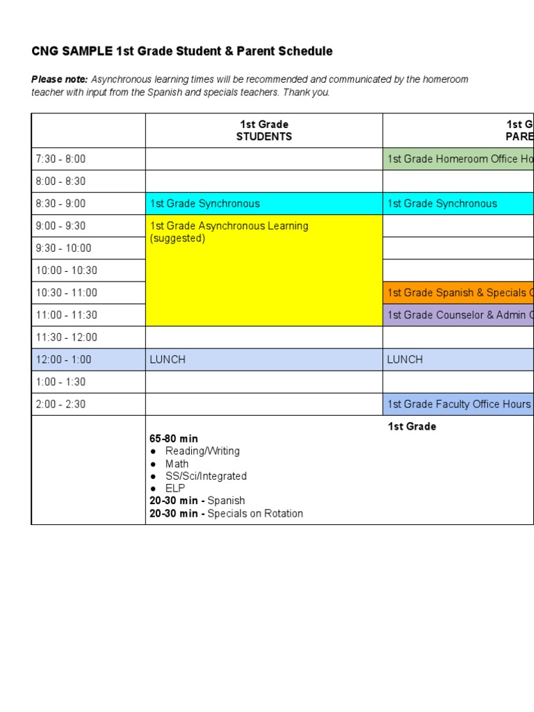 CNG SAMPLE 1st Grade Student & Parent Schedule | PDF