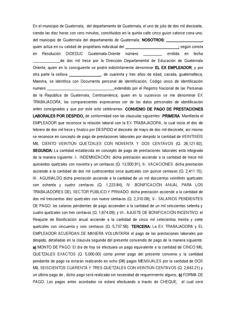 Minuta de Convenio de Pago Por Despido | PDF | Guatemala | Gobierno