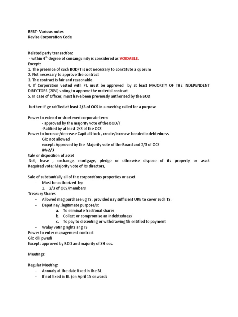 RFBT-Various Notes Revise Corporation Code: Voidable | PDF ...