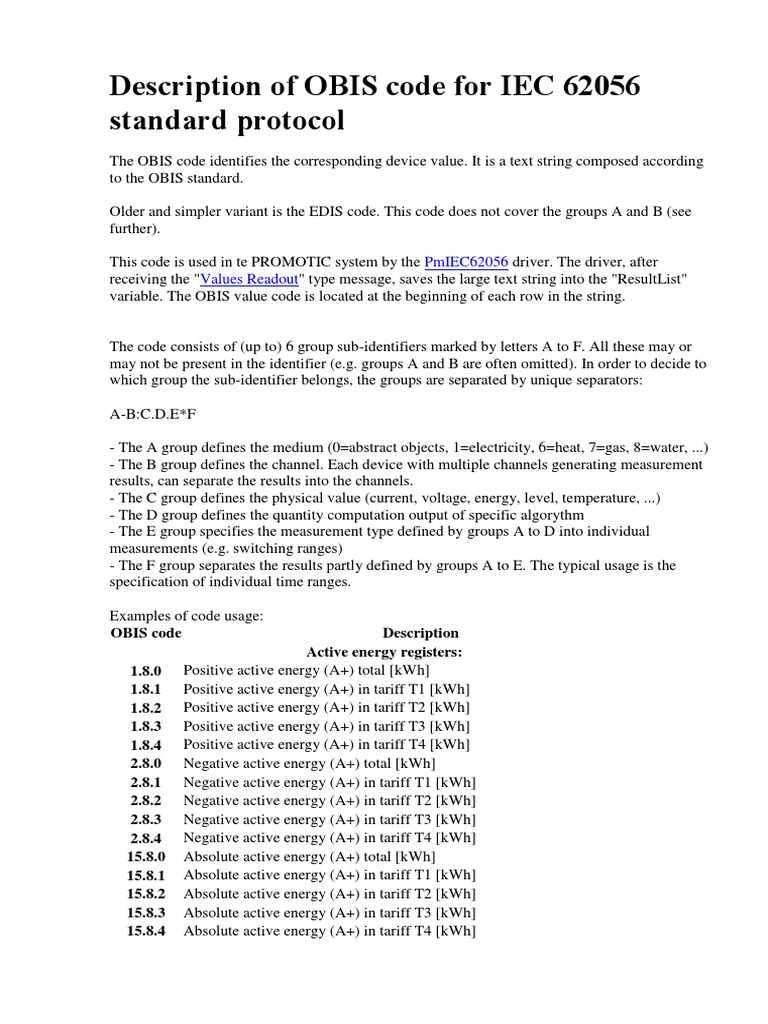 OBIS Code Overview for Energy Meters | PDF | Electrical Engineering ...