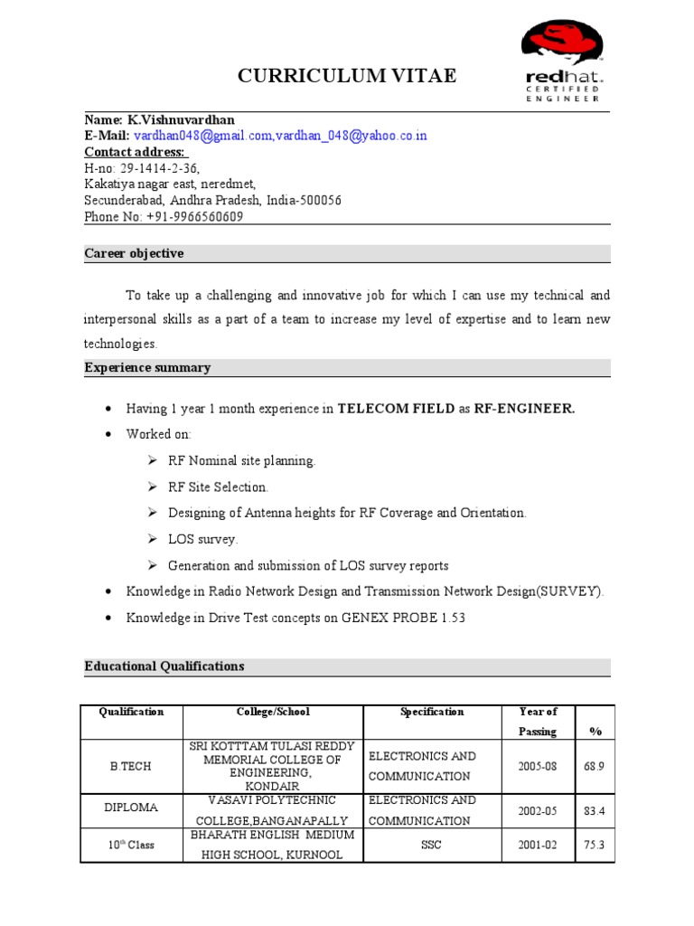 Vishnu Vardhan Resume With Rhce | PDF | Telecommunication | Computer Network