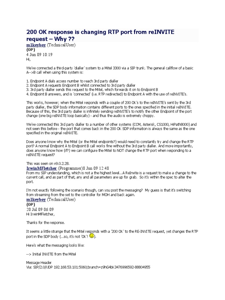 200 OK Response Is Changing RTP Port From reINVITE Request-Why | PDF ...