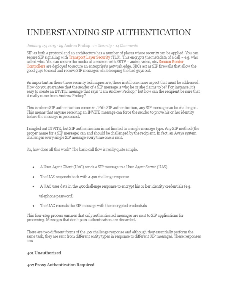 Understanding SIP Authentication | PDF | Session Initiation Protocol | Communications Protocols