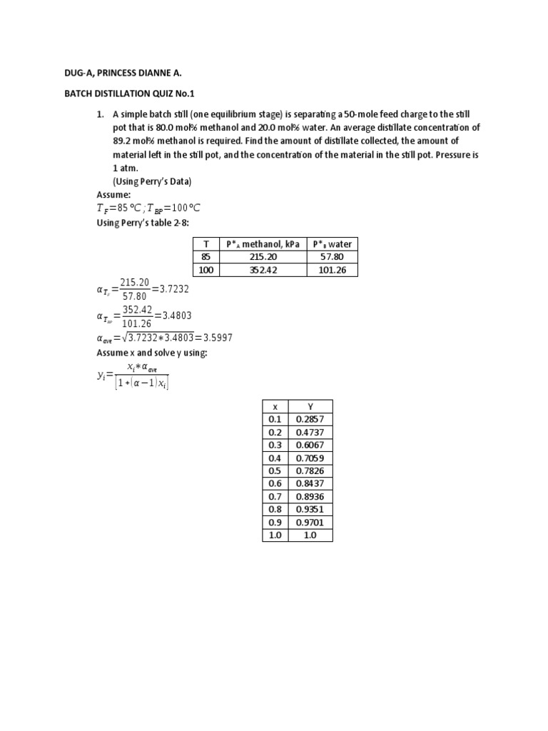 Batch Distillation Quiz Number 1 | PDF | Distillation | Thermodynamics