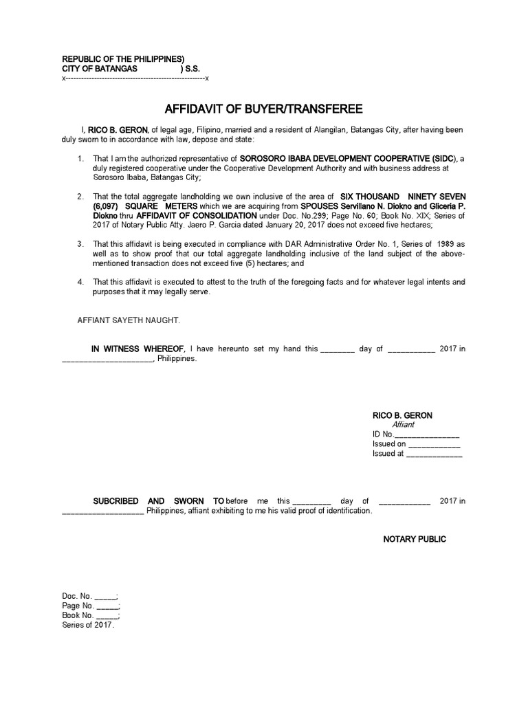 Affidavit of Buyer Transferee | PDF | Affidavit | Comparative Law