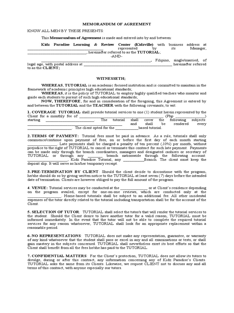 Agreement Tutorial | Download Free PDF | Fee | Tutor
