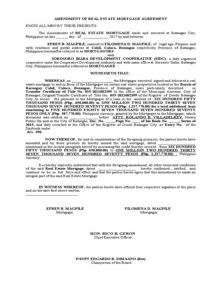 Amendment of Real Estate Mortgage Agreement | PDF | Mortgage Law ...