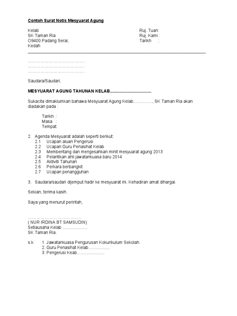 Contoh Surat Notis Mesyuarat Agung | PDF