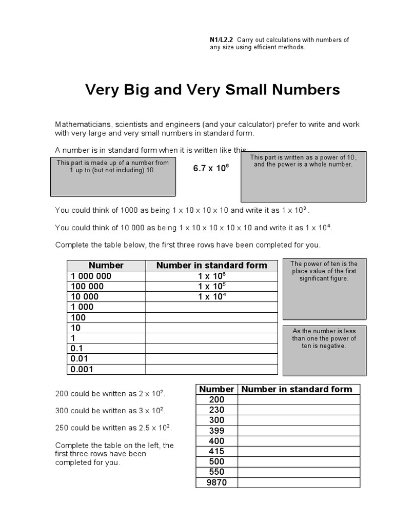 Very Big and Very Small Numbers: Number Number in Standard Form | PDF ...